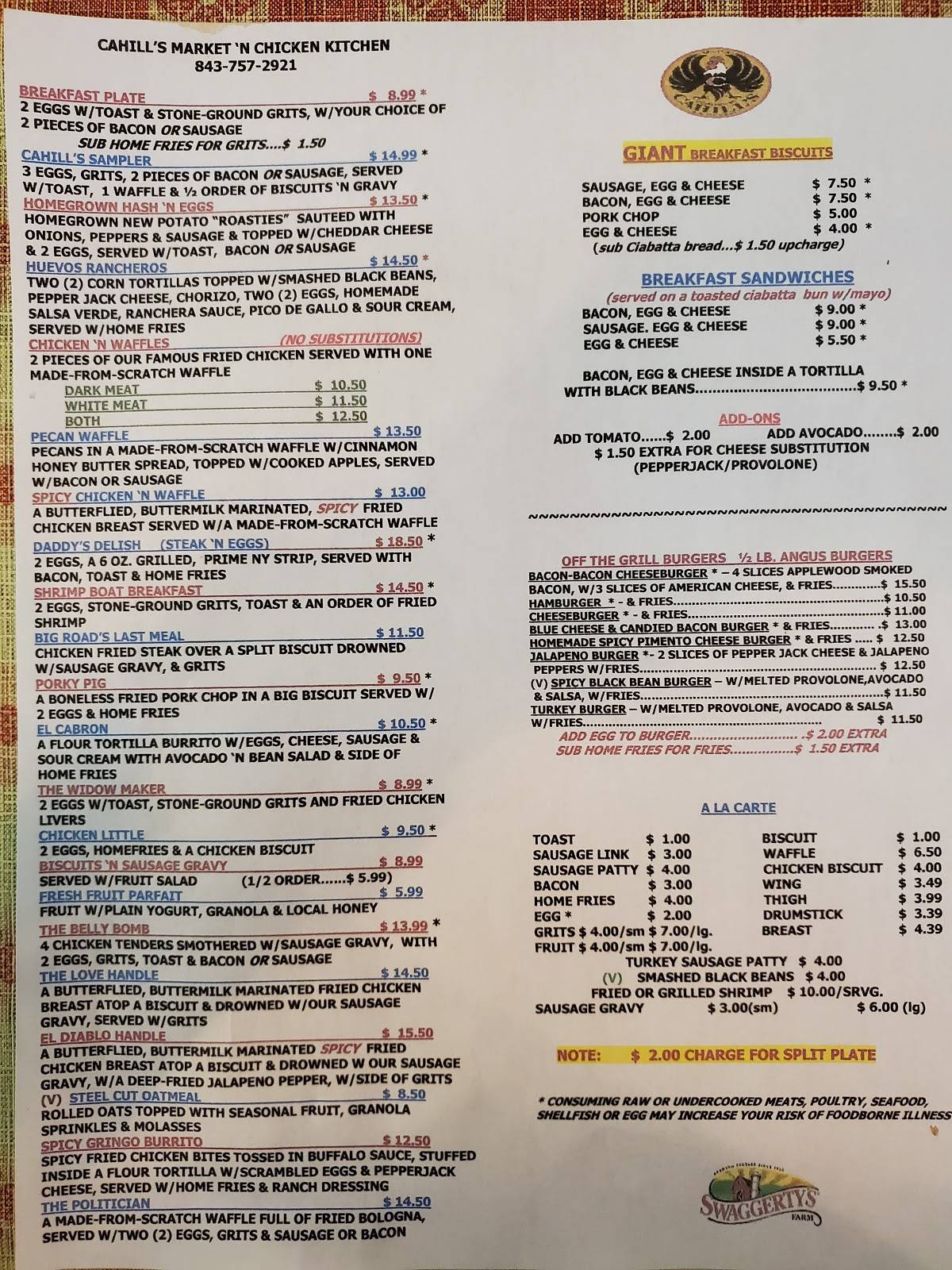 Menu at Cahill's Market & Chicken Kitchen restaurant, Bluffton