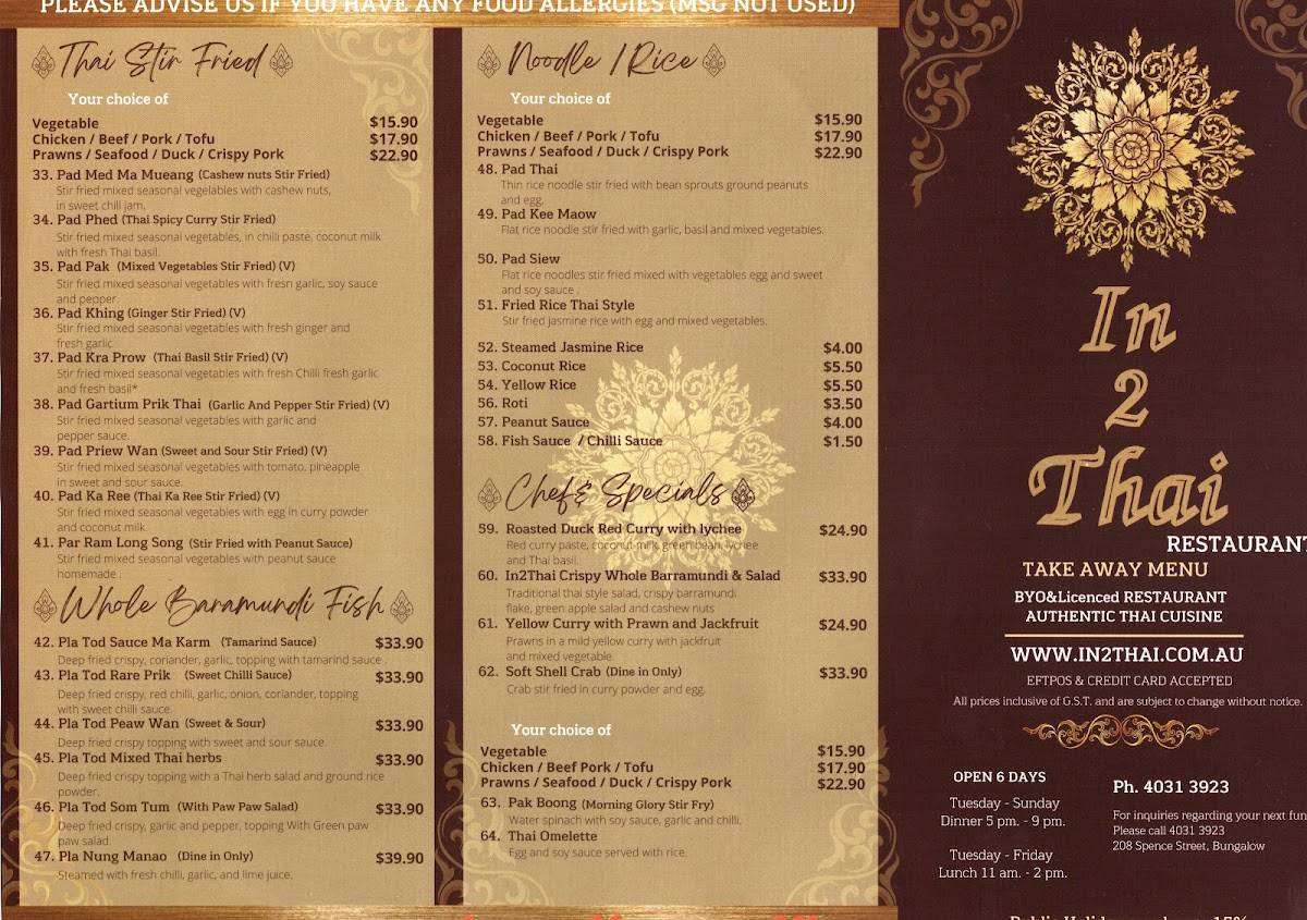 Menu at IN 2 THAI restaurant, Bungalow