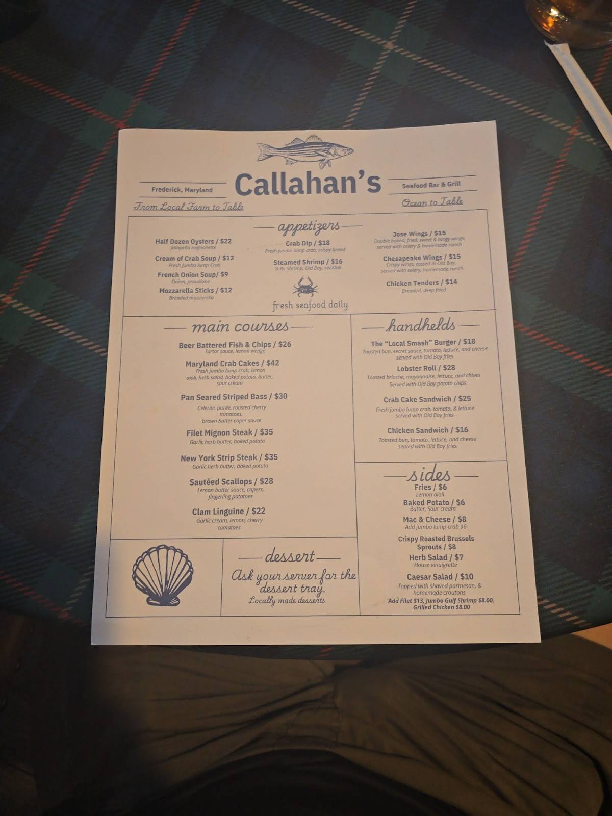 Menu at Callahan's Seafood Bar & Grill, Frederick