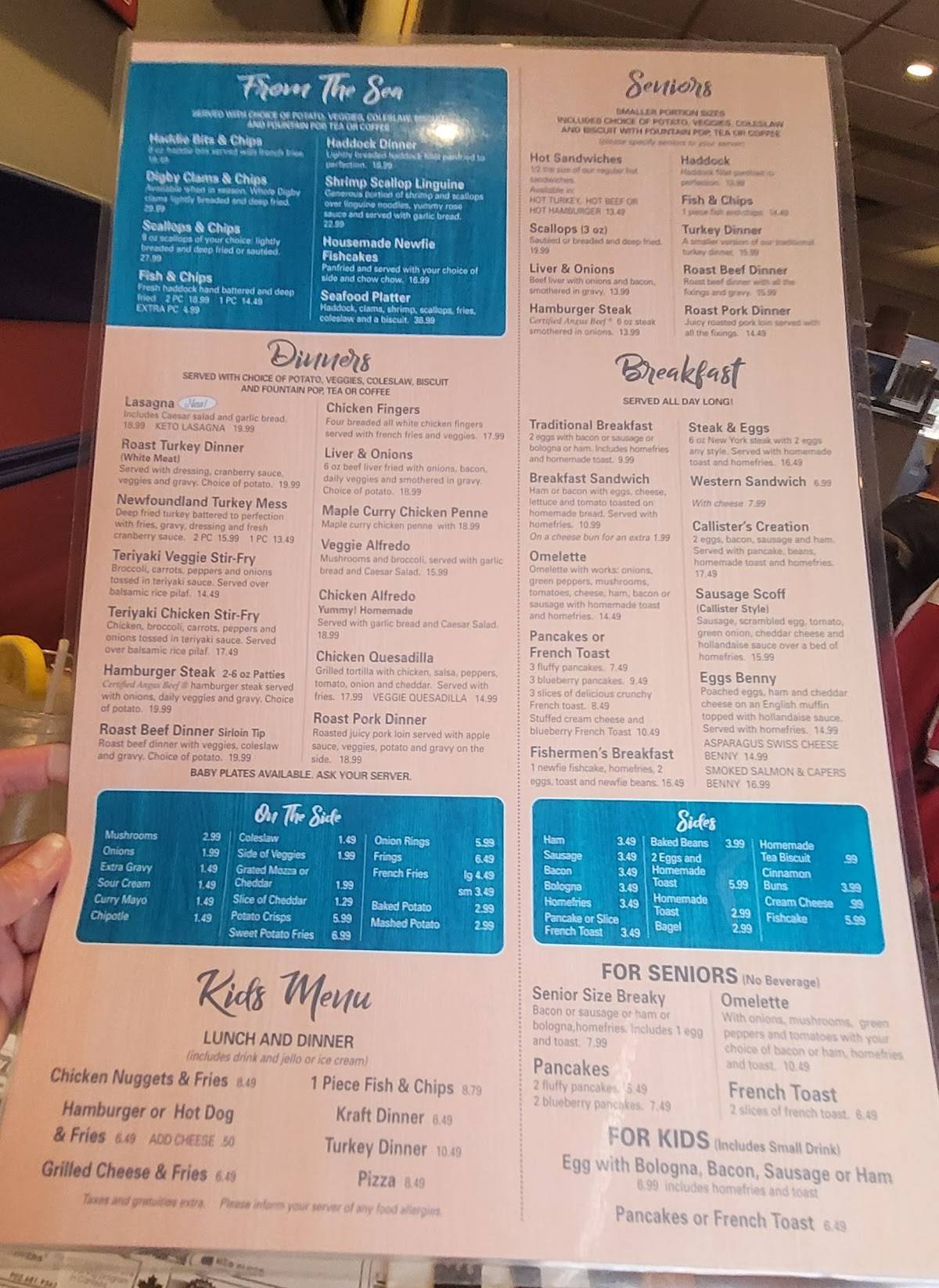 Menu at Callister's Country Kitchen restaurant, Coldbrook