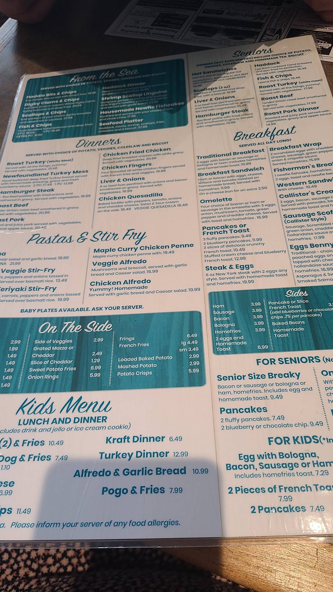Menu at Callister's Country Kitchen restaurant, Coldbrook