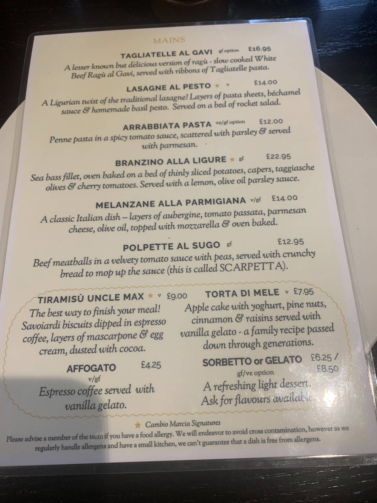 Menu at Cambio Marcia restaurant, Guildford