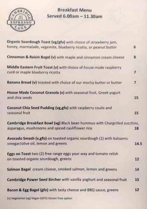 Menu at Cambridge Lane Espresso + Kitchen restaurant, Manly