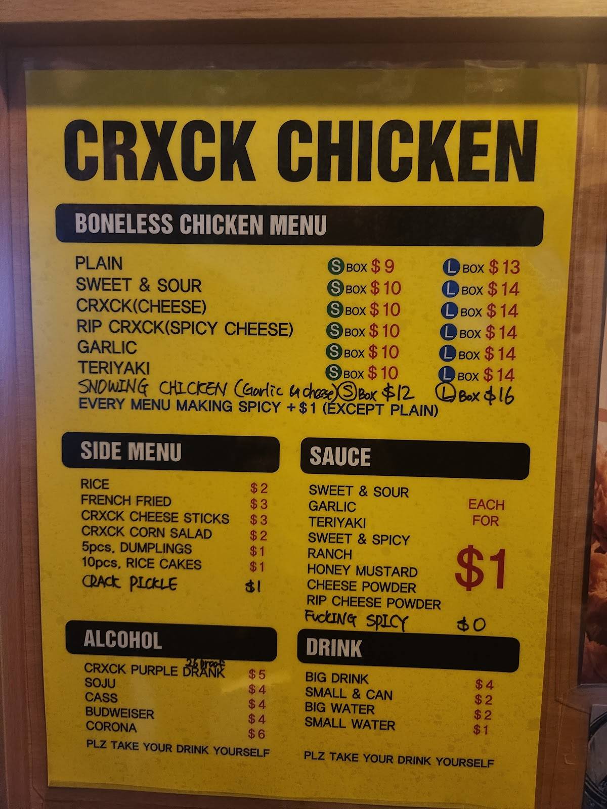Menu at Camp Casey Crack Chicken restaurant, Dongducheon-si