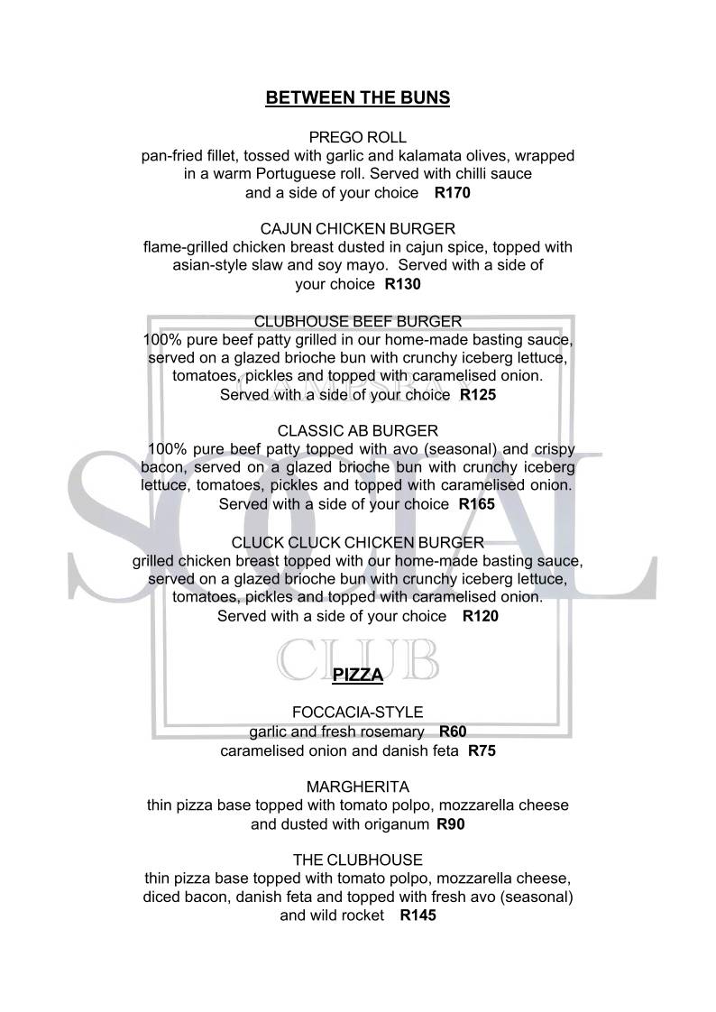 Menu at Camps Bay Social Club, Cape Town