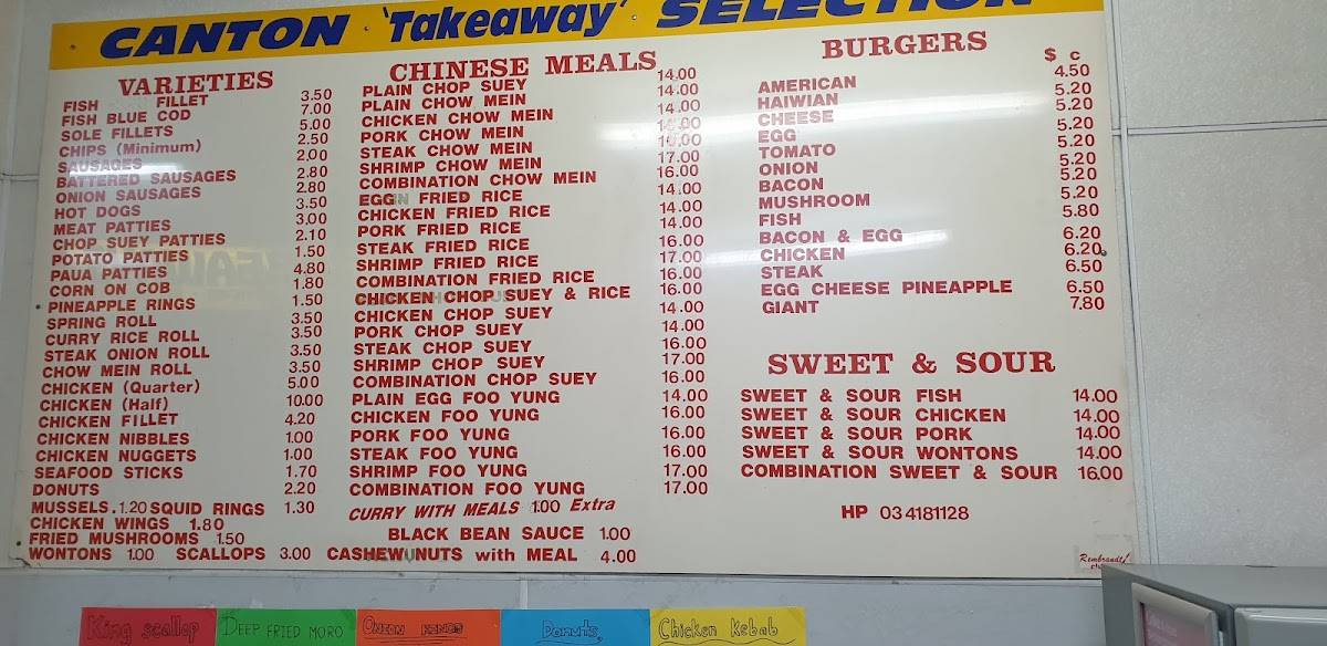Menu at Canton Takeaways restaurant, Balclutha