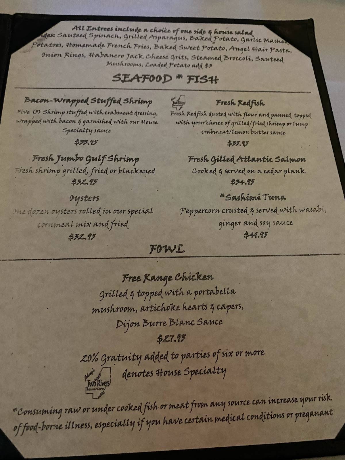 Menu at Two Rivers Restaurant, Canton