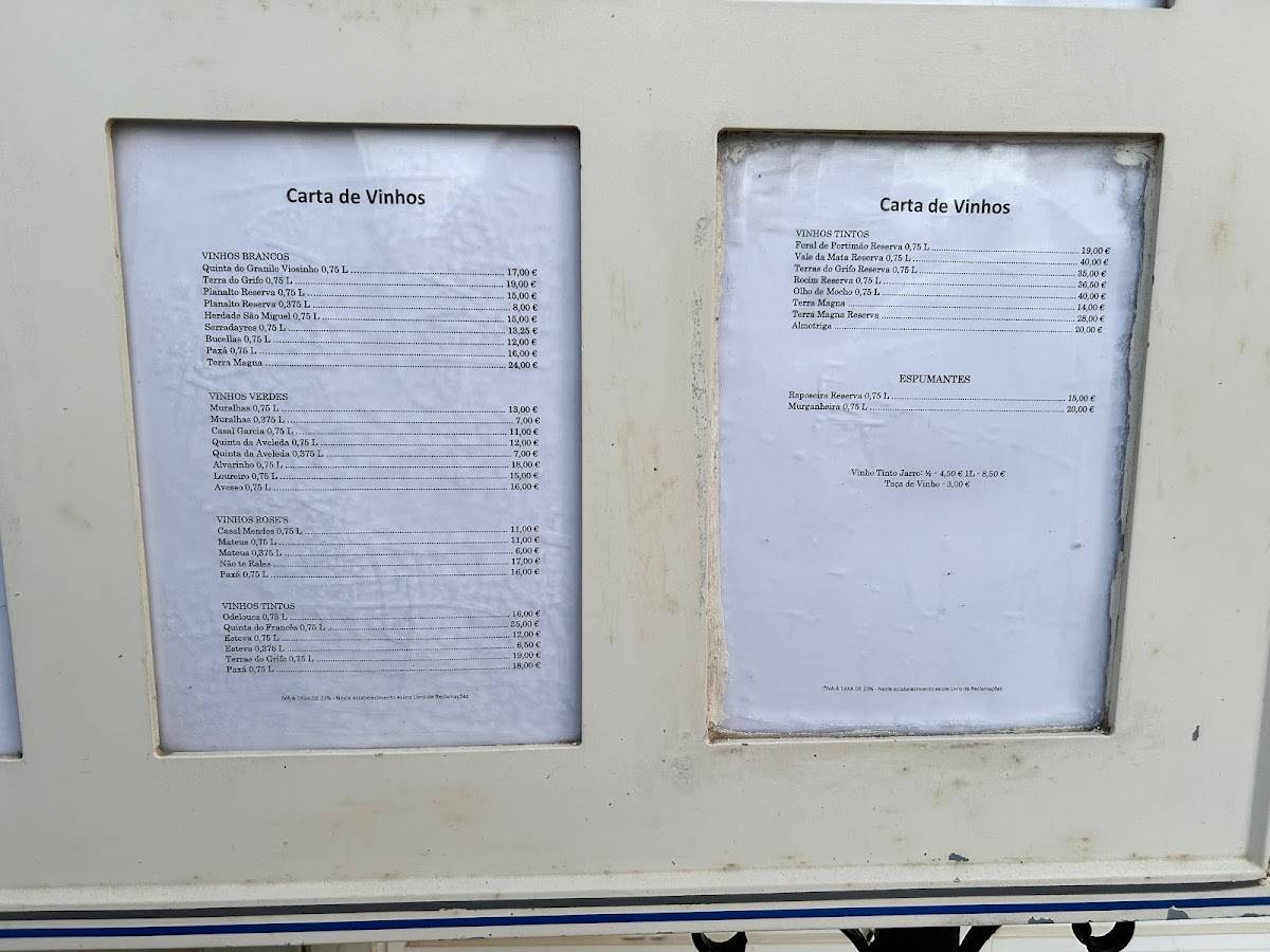 Menu at Capacho restaurant, Alvor