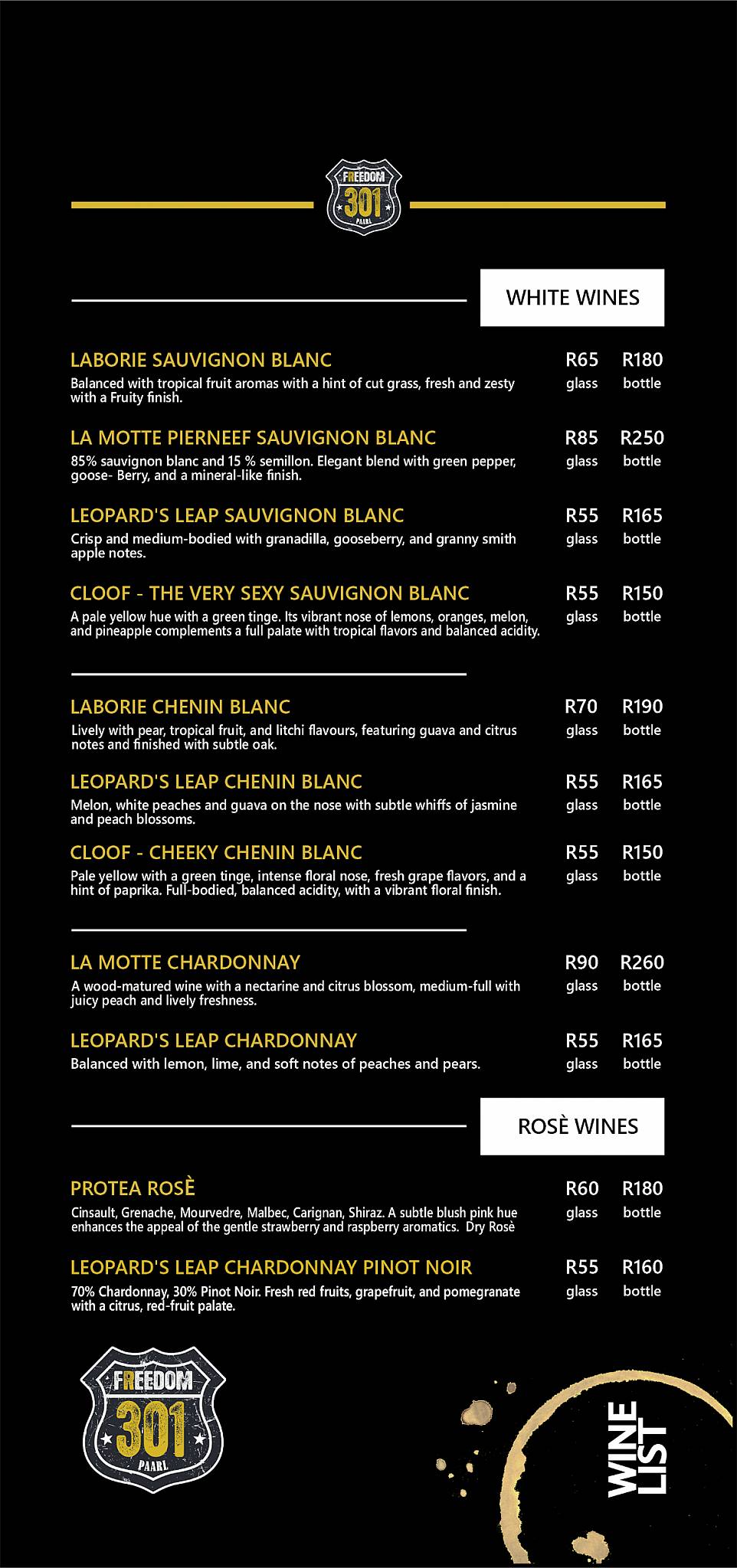 Menu at Freedom 301 restaurant, Cape Town, Farm Hartebeeskraal
