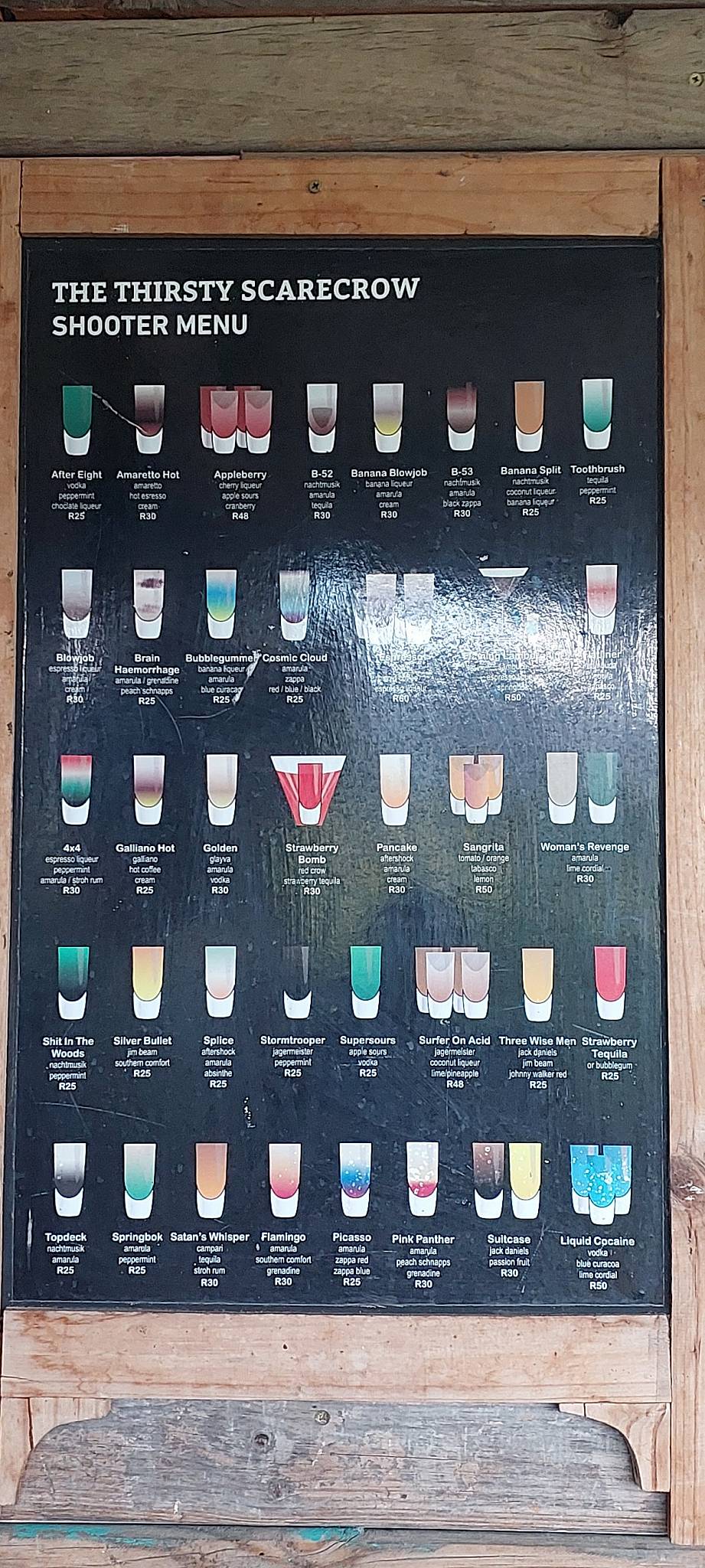 Menu at Thirsty Scarecrow pub & bar, Stellenbosch