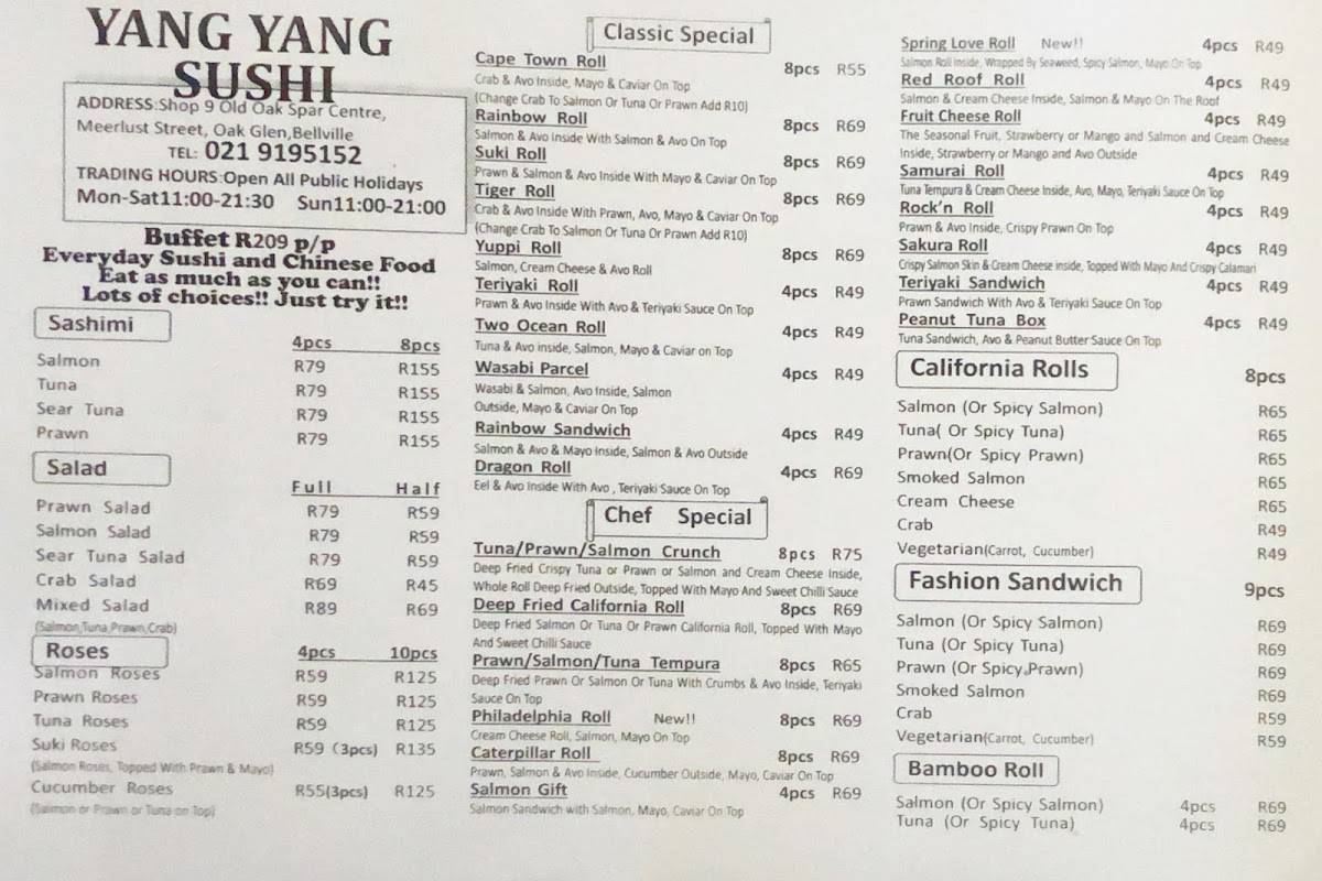 Menu at Yang Yang Chinese Restaurant & Sushi Bar, Cape Town