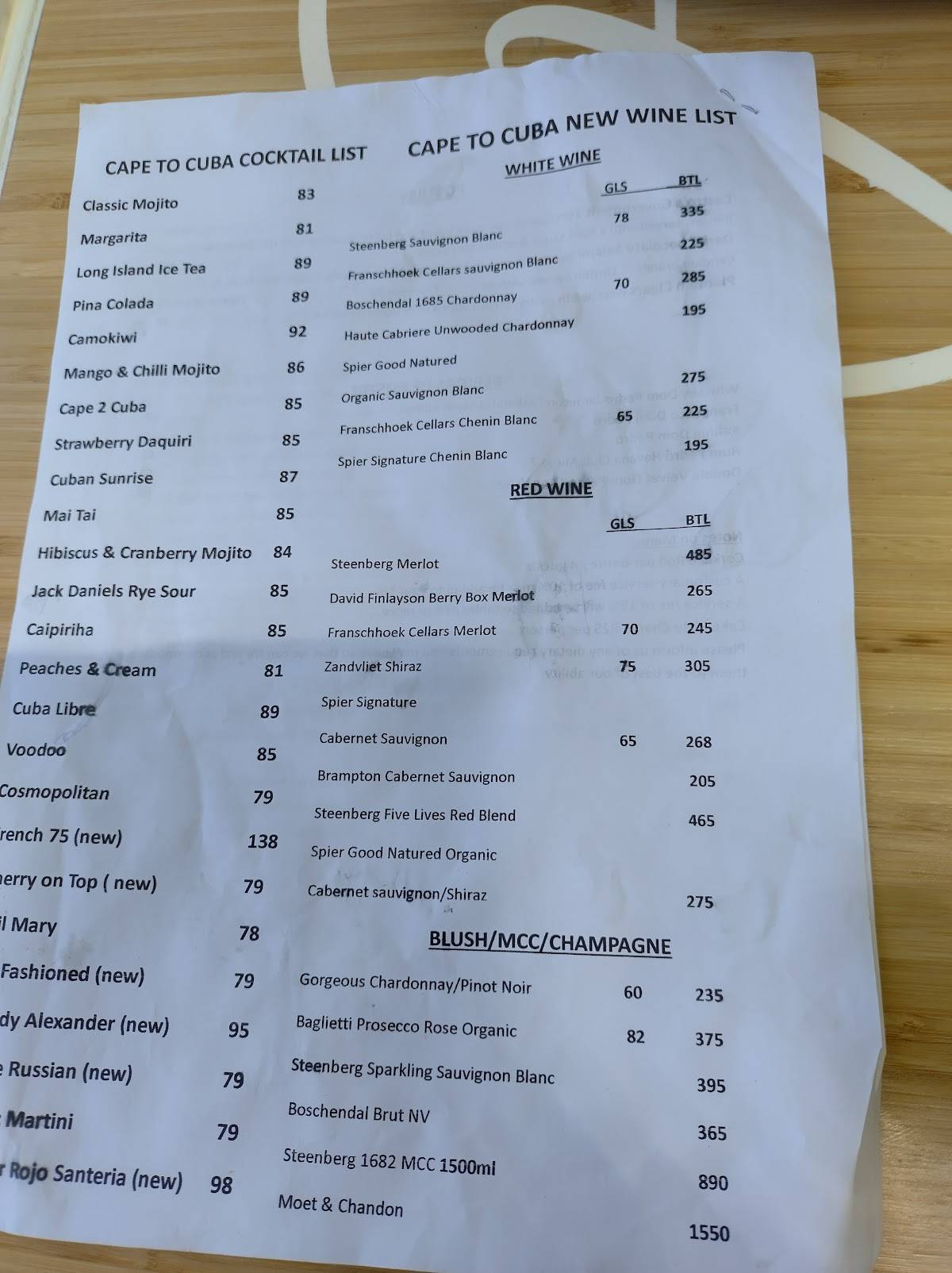 Menu at Cape to Cuba restaurant, Cape Town, 165 Main Rd