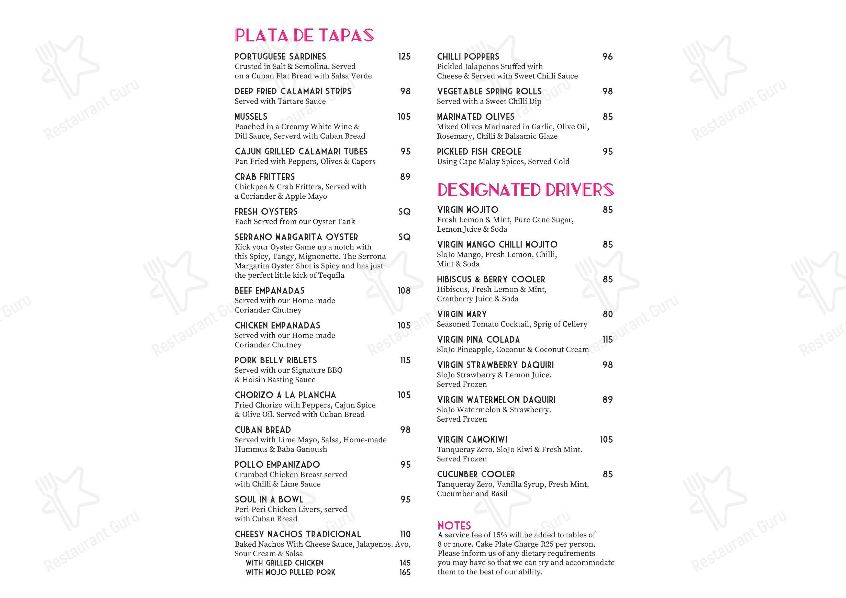 Menu at Cape to Cuba restaurant, Cape Town, 165 Main Rd