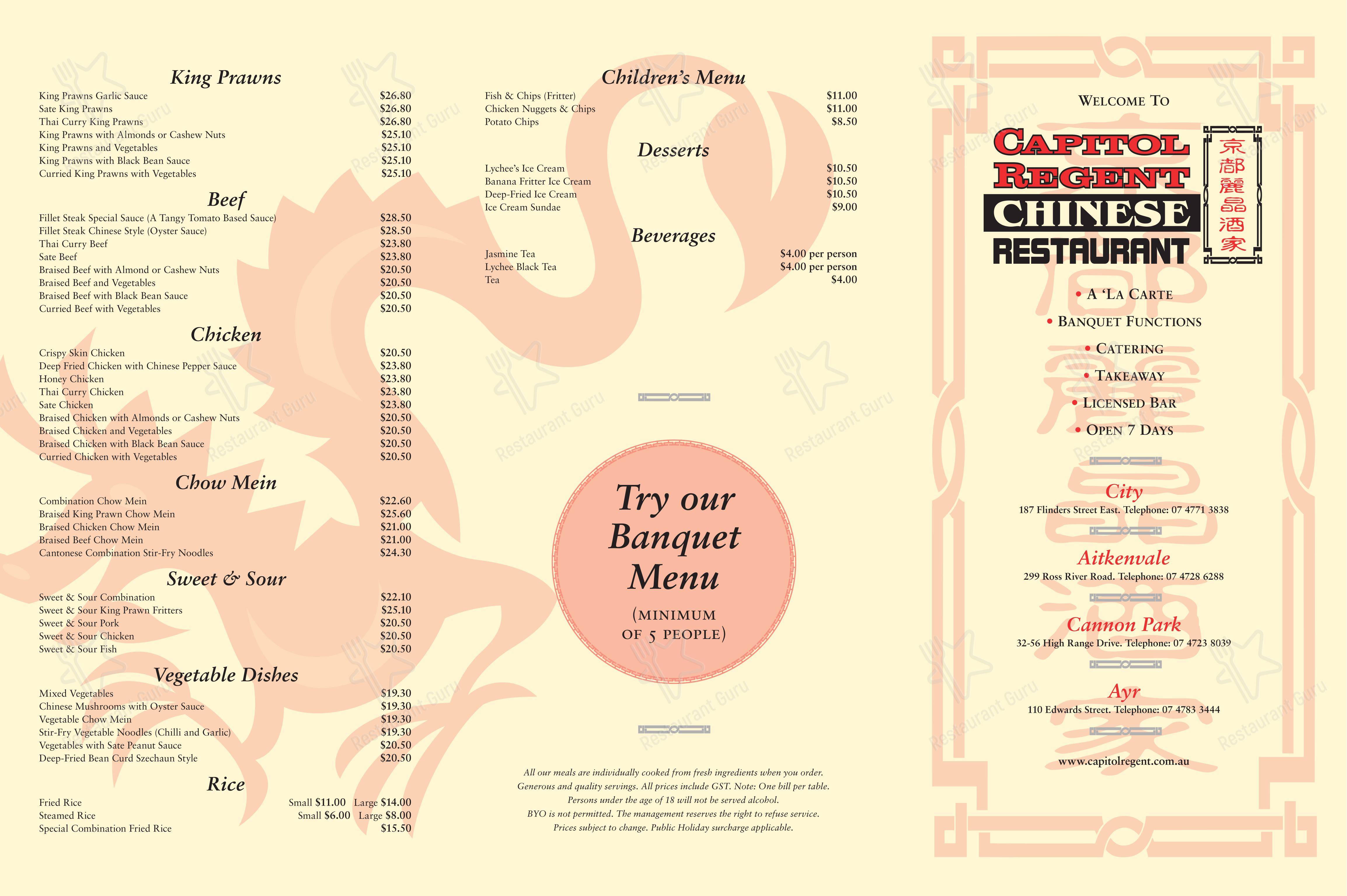Menu at Capitol Chinese Restaurant, Townsville, 187 Flinders St