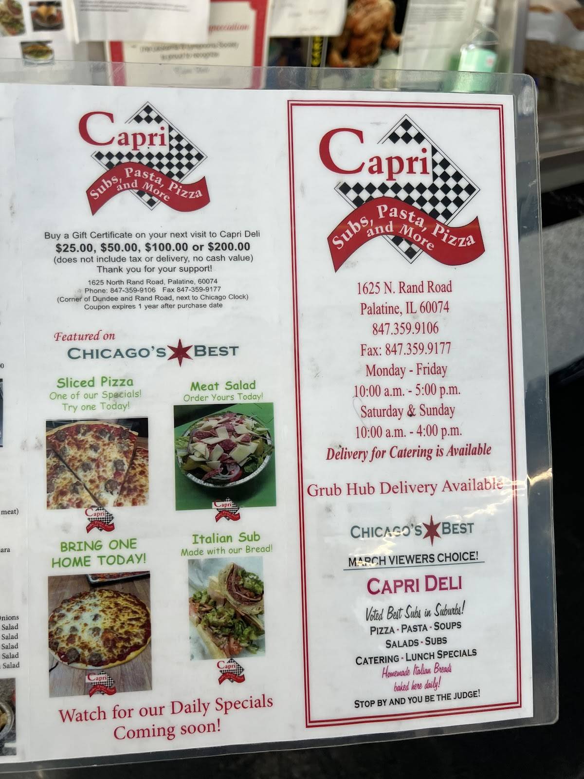 Menu at Capri Deli & Pizza In Palatine pizzeria, Palatine