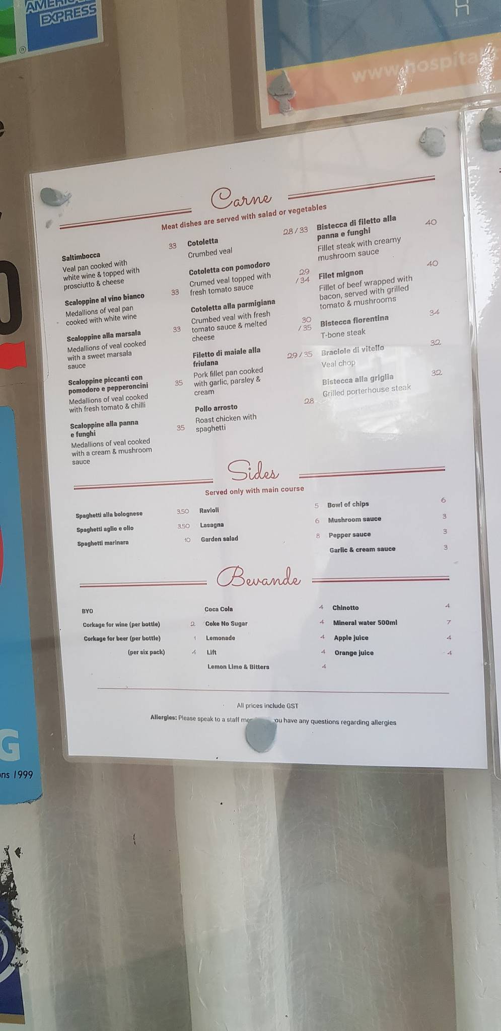 Menu at Capri Restaurant, Fremantle