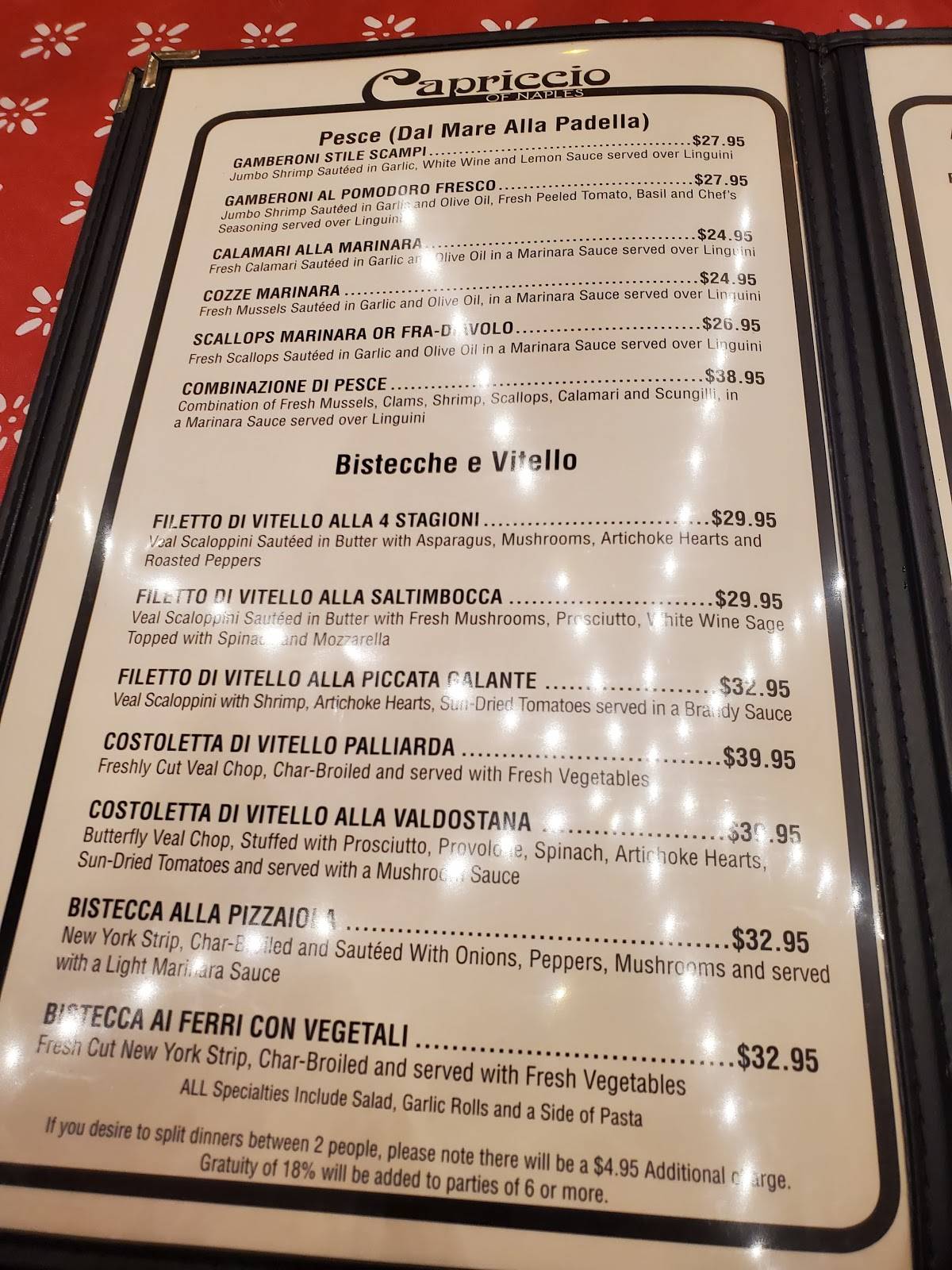 Menu at Capriccio of Naples Italian Restaurant, Naples