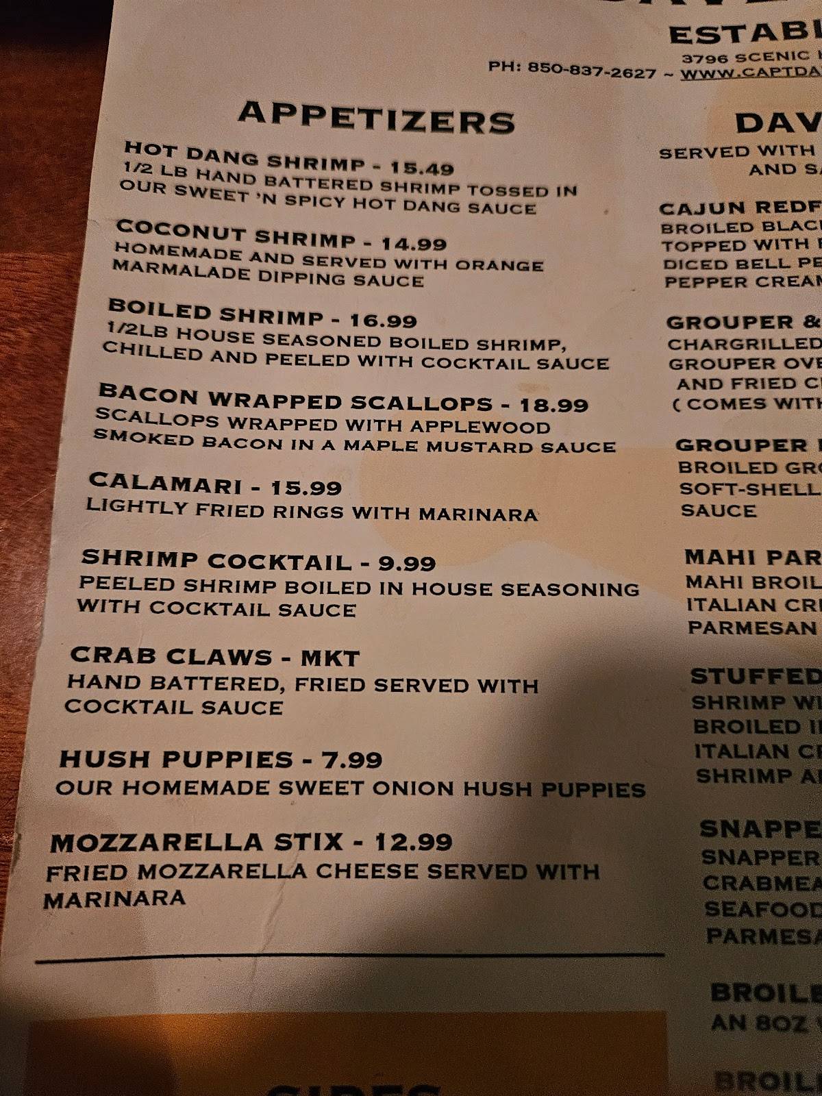Menu at Captain Dave's On the Gulf restaurant, Destin