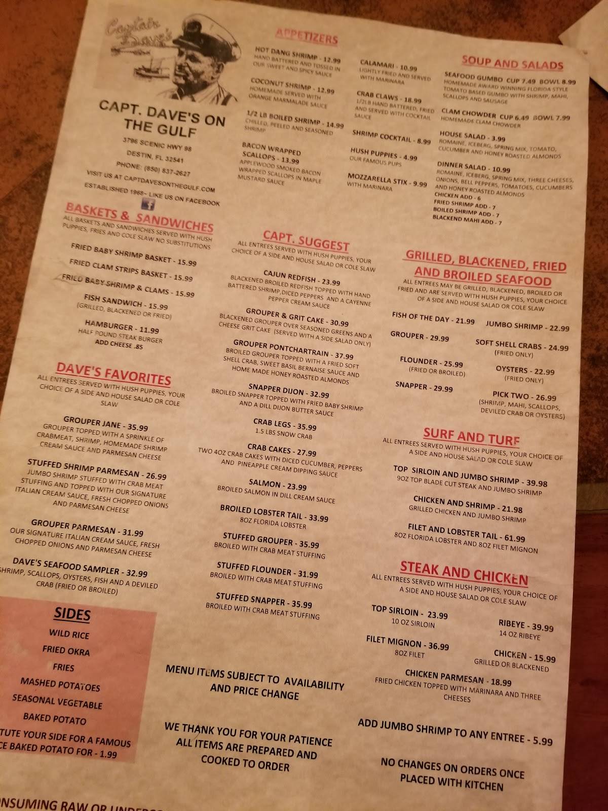 Menu at Captain Dave's On the Gulf restaurant, Destin
