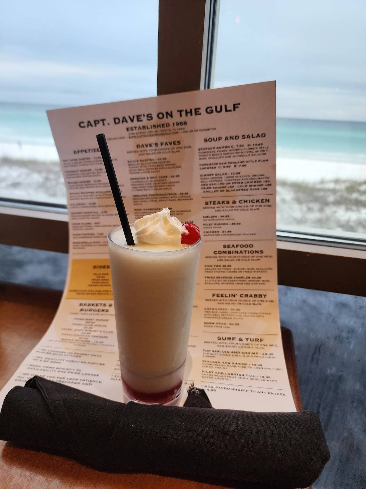 Menu at Captain Dave's On the Gulf restaurant, Destin