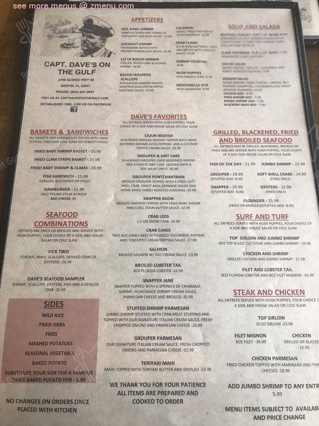 Menu at Captain Dave's On the Gulf restaurant, Destin