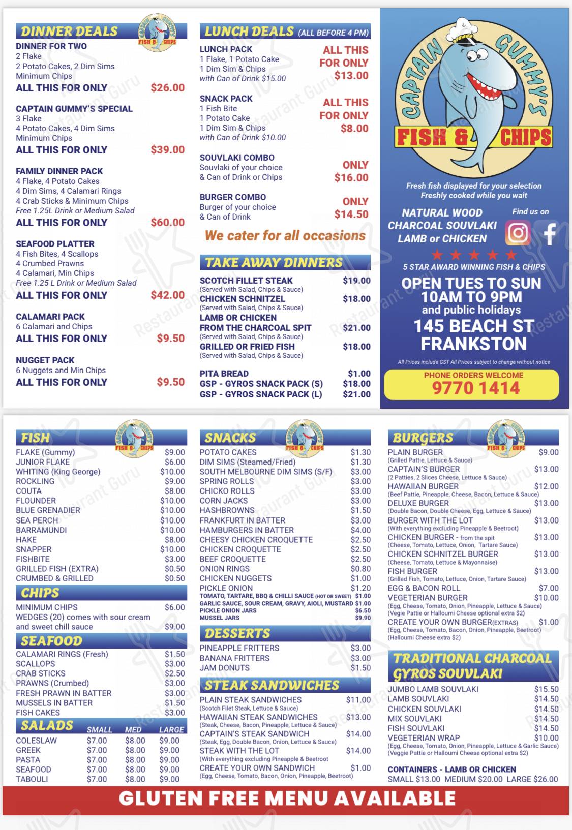 Menu at Captain Gummys Fish & Chips Frankston restaurant, Frankston