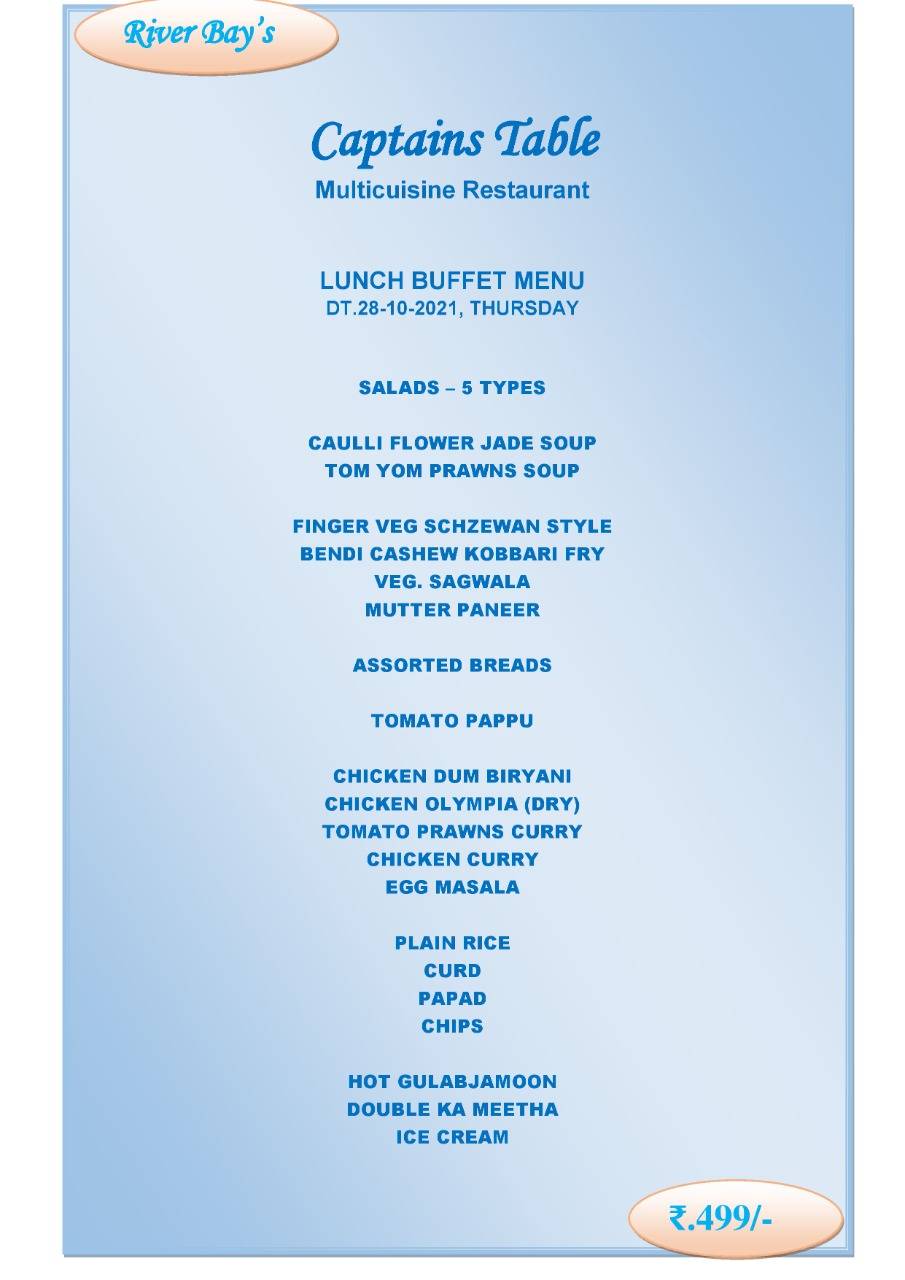 Menu at Captain's Table Restaurant, Rajahmundry, Gowthami Ghat Rd