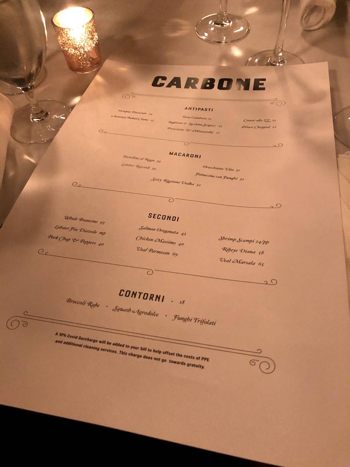 Menu at Carbone New York restaurant, New York City, 181 Thompson St
