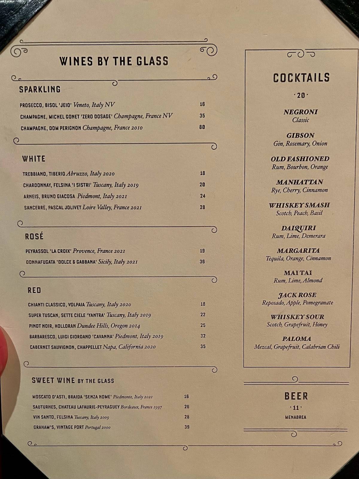 Menu at Carbone New York restaurant, New York City, 181 Thompson St