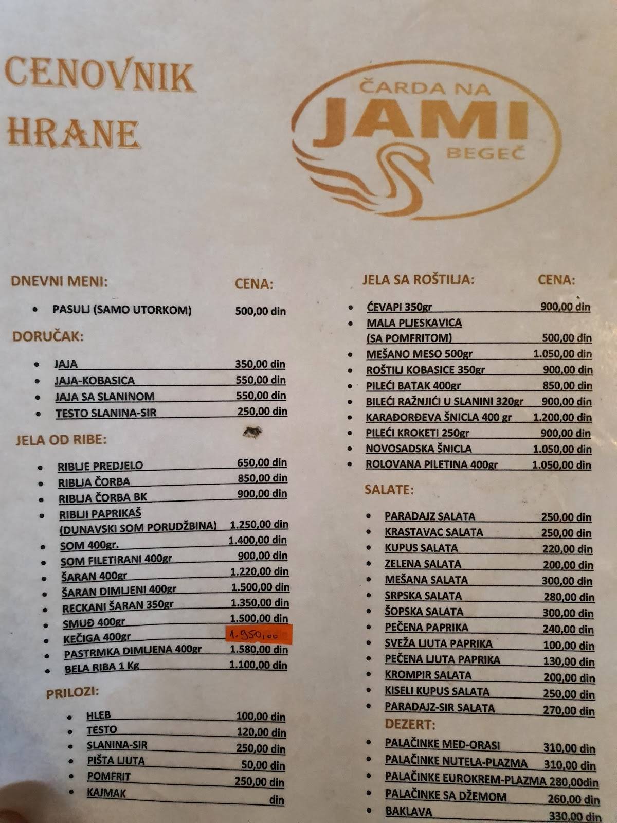 Menu at Čarda Na jami restaurant, Begeč, Unnamed Road