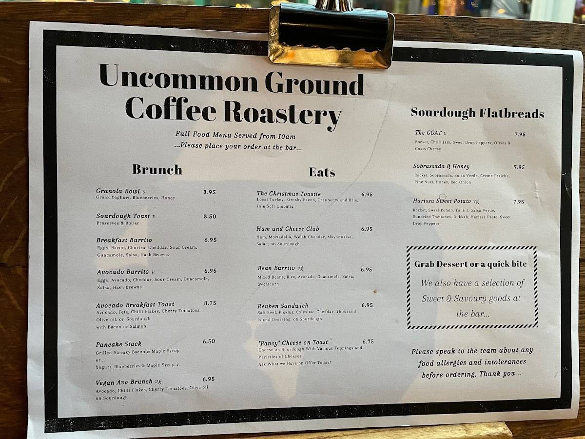 Menu at Uncommon Ground Coffee Roastery cafe, Cardiff, 10-12 Royal Arcade