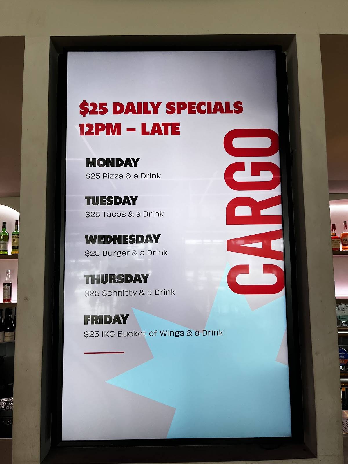 Menu at Cargo Bar, Sydney, King Street Wharf Darling Harbour
