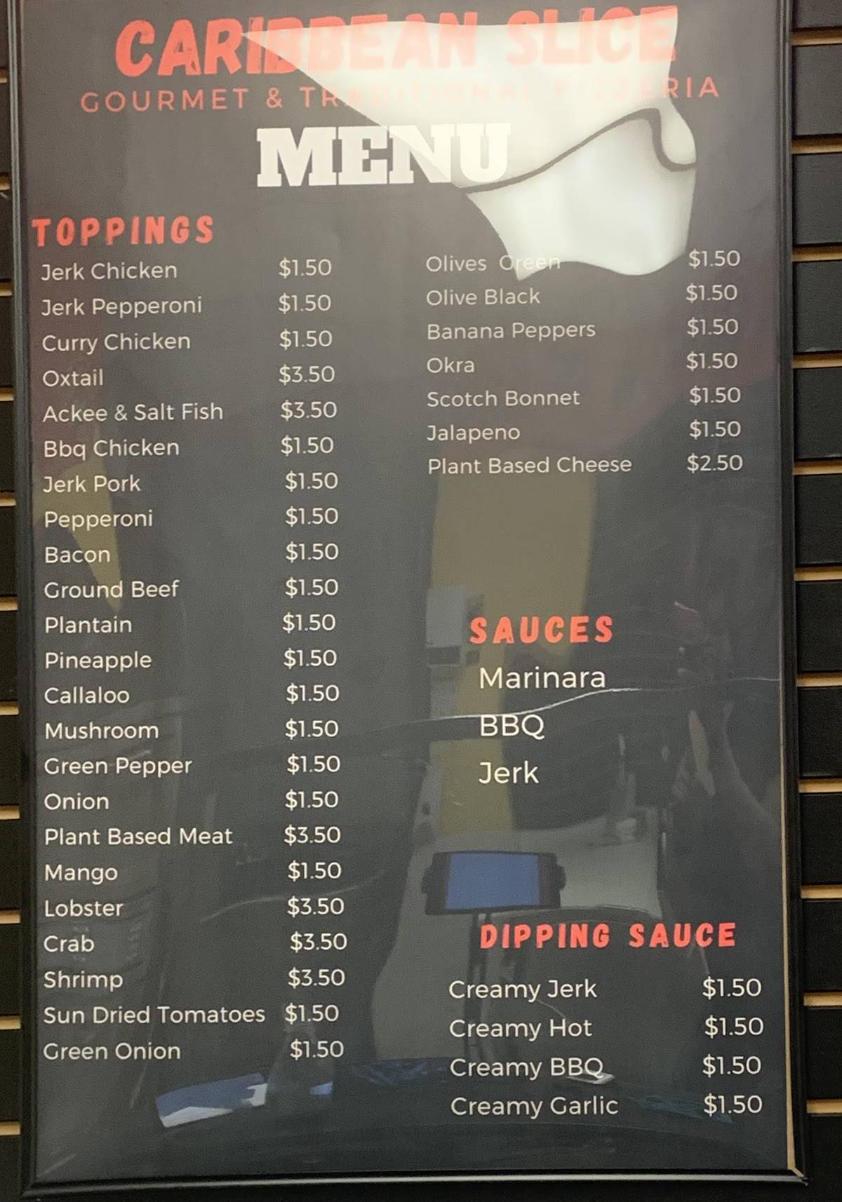 Carta de pizzería Caribbean Slice, Toronto