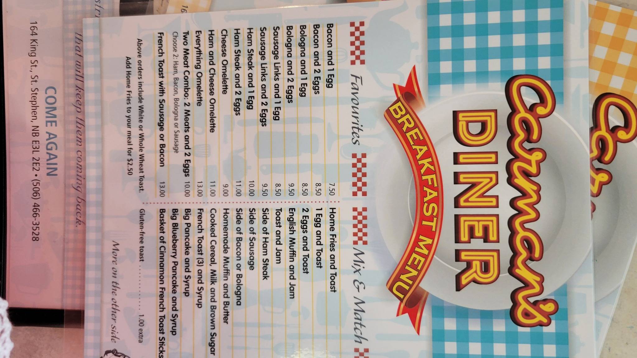 Menu at Carman's Diner restaurant, Saint Stephen