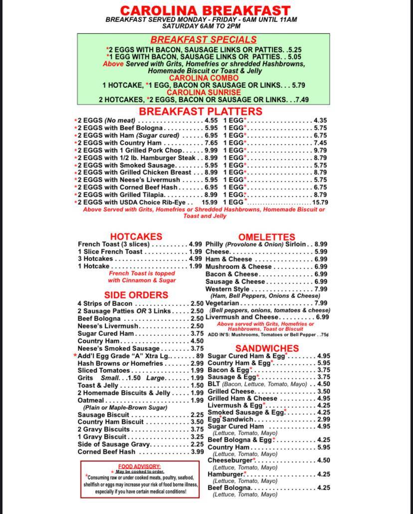 Menu at Carolina Family Restaurant, Charlotte, Wilkinson Blvd