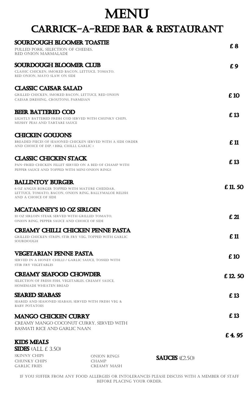 Menu at Carrick-A-Rede Bar and Restaurant, Ballintoy