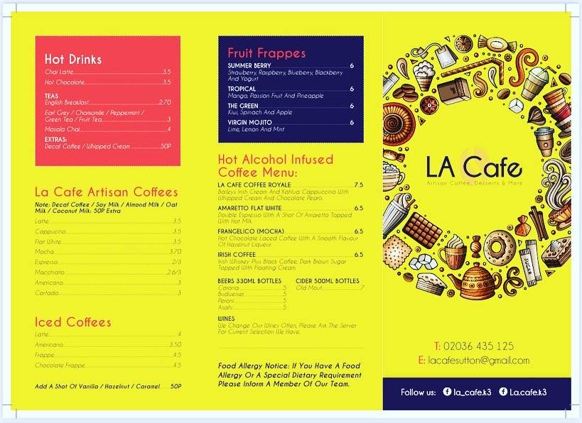 Menu at LA Cafe, Sutton