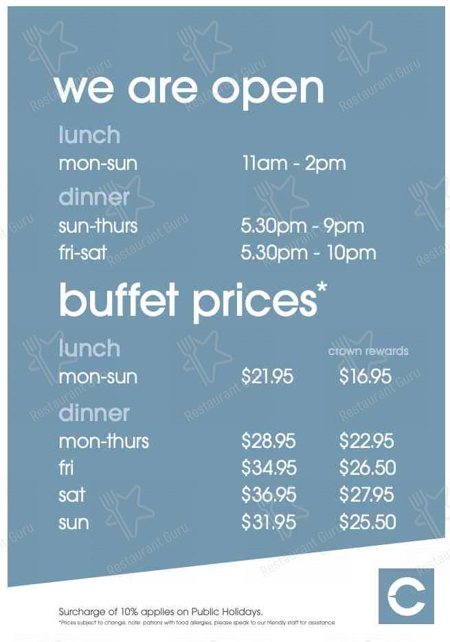 Menu at Carvers restaurant, Burswood, Crown Casino Perth