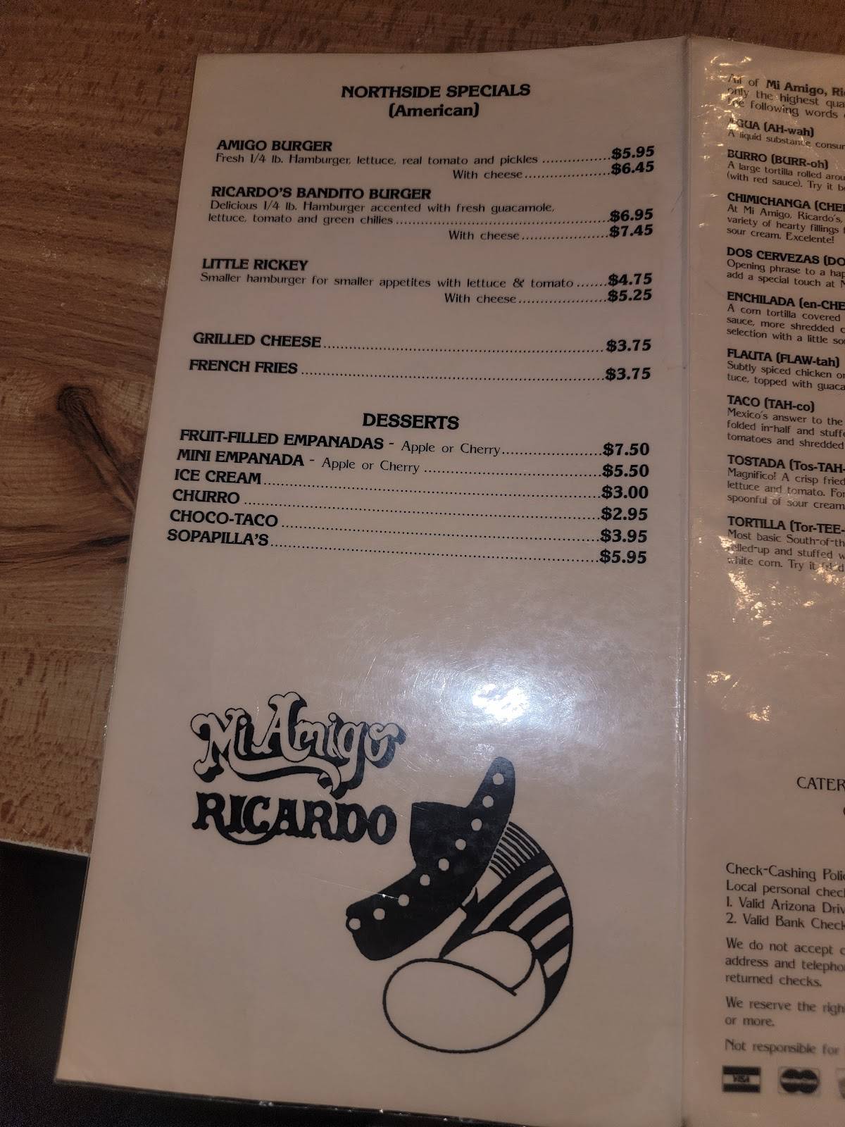 Menu at Mi Amigo Ricardo restaurant, Casa Grande