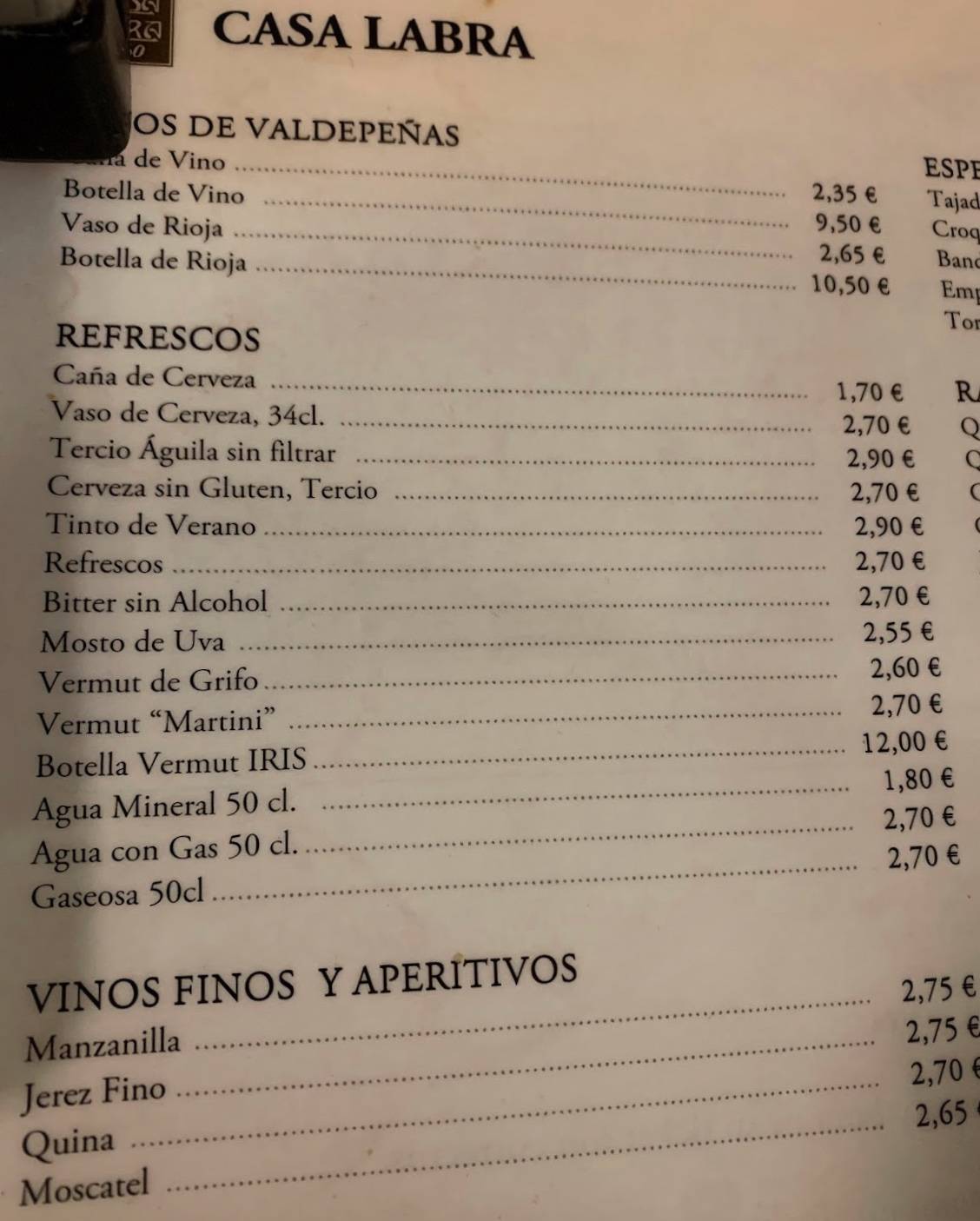 Carta del pub y bar Casa Labra, Madrid