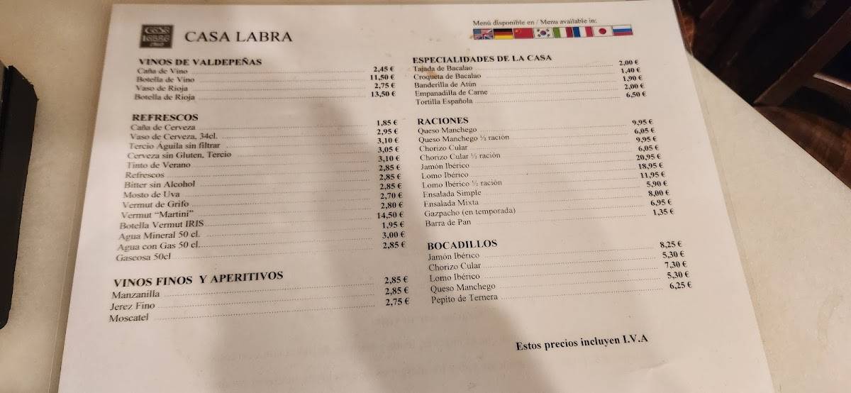 Carta del pub y bar Casa Labra, Madrid