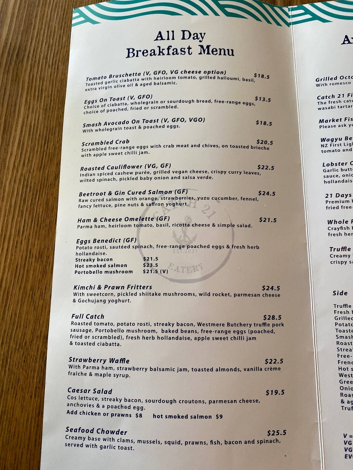 Menu at Catch 21 Eatery cafe, Auckland