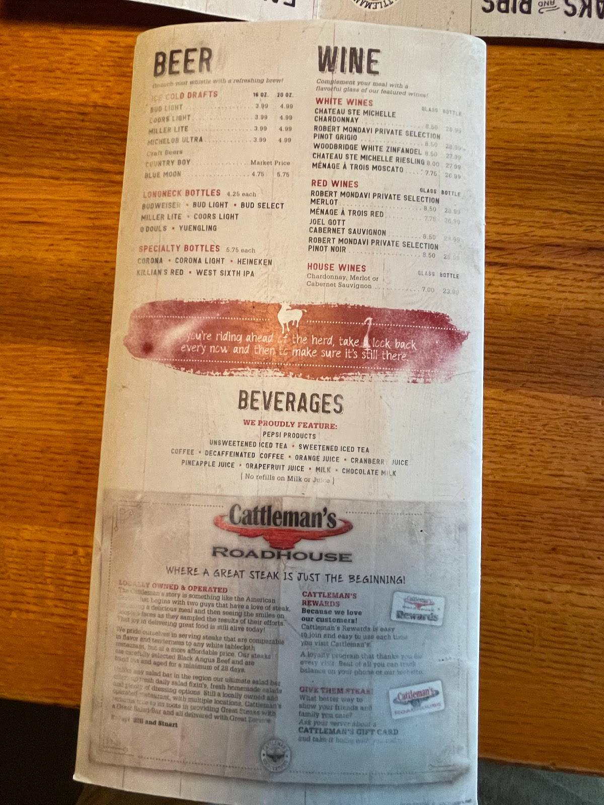 Menu at Cattleman's Roadhouse steakhouse, Mount Sterling