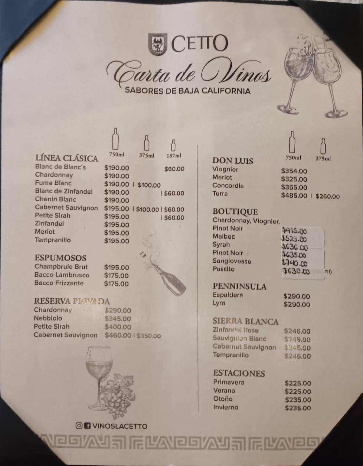 Carta del pub y bar L.A. Cetto - Boutique Ensenada, Ensenada