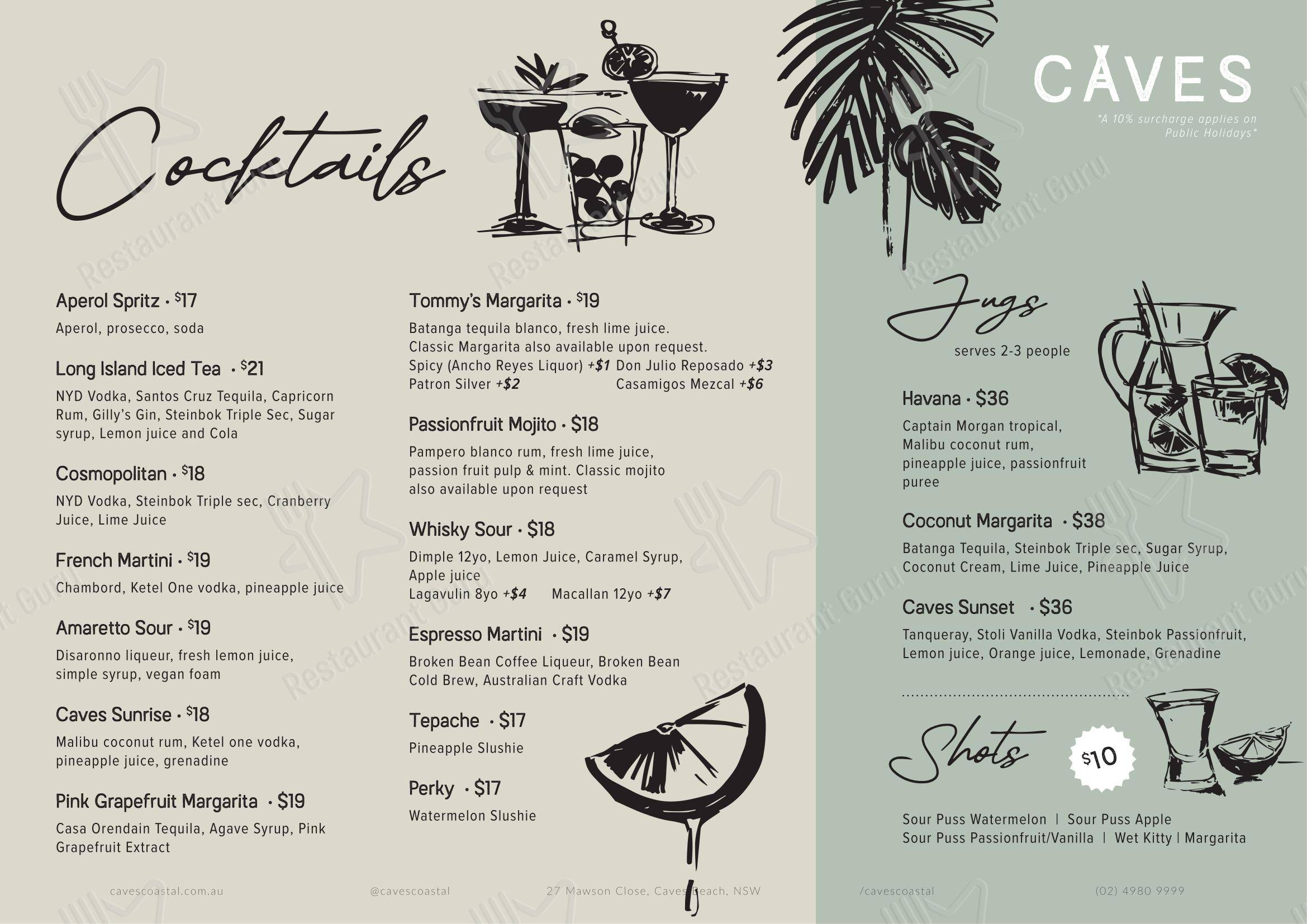 Menu at Caves Beachside pub & bar, Caves Beach