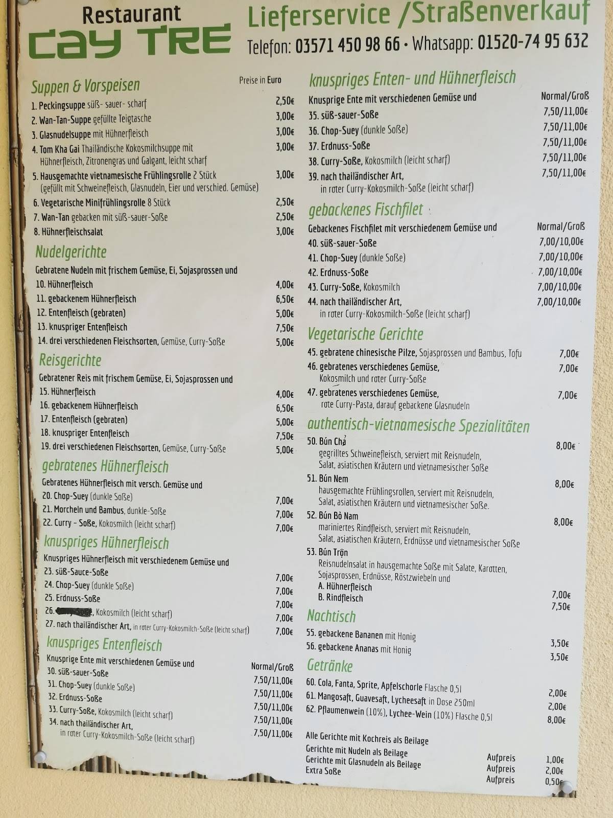 Speisekarte von "Cay Tre" Bambus Restaurant., Hoyerswerda
