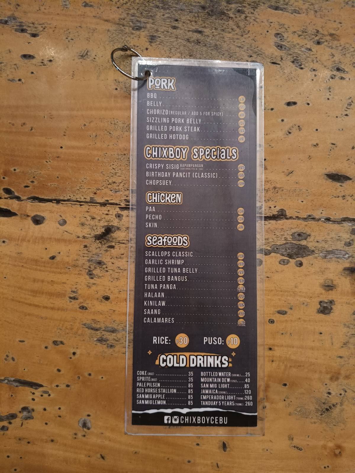 Menu at Chixboy restaurant, Cebu City, 9V8F+W57