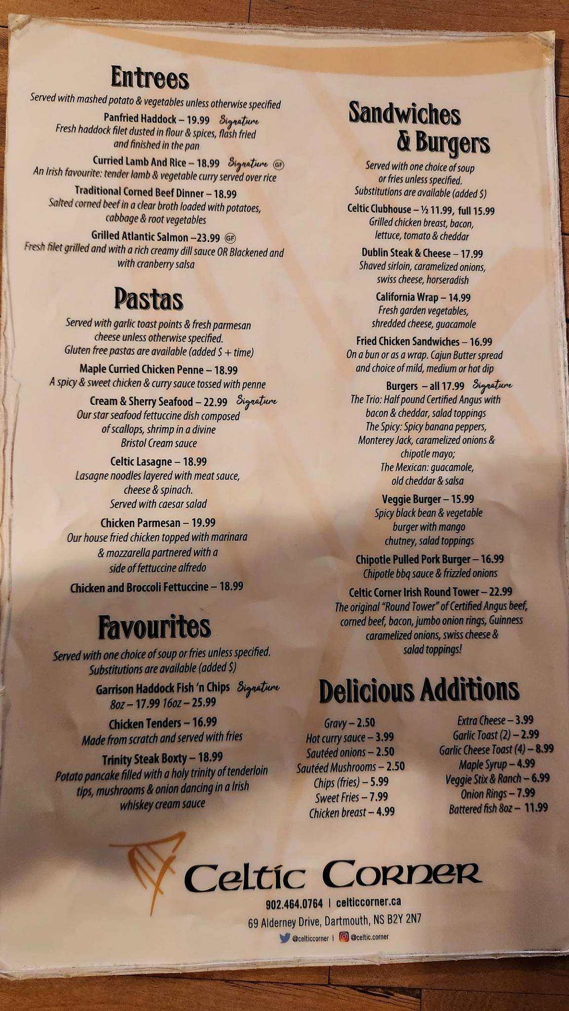 Menu at Celtic Corner Public House, Dartmouth