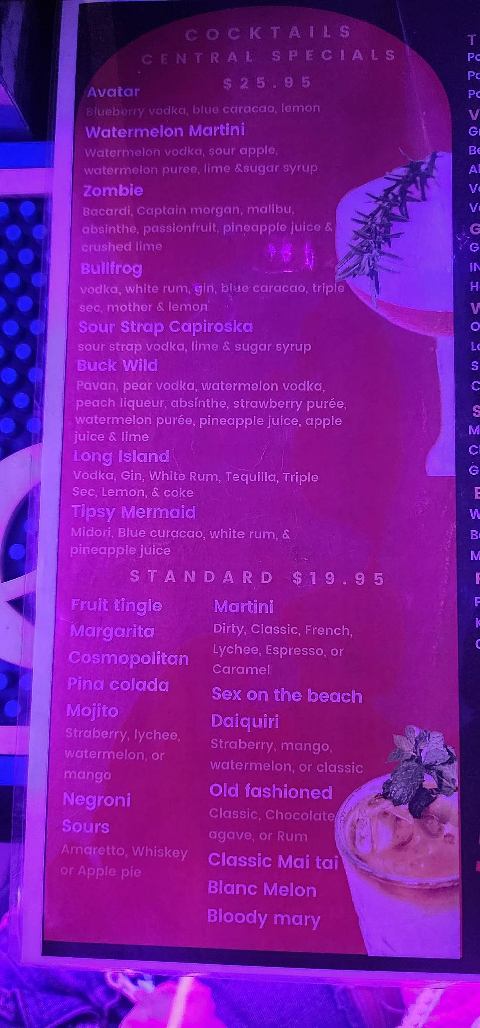 Menu at Central Lounge pub & bar, Surfers Paradise