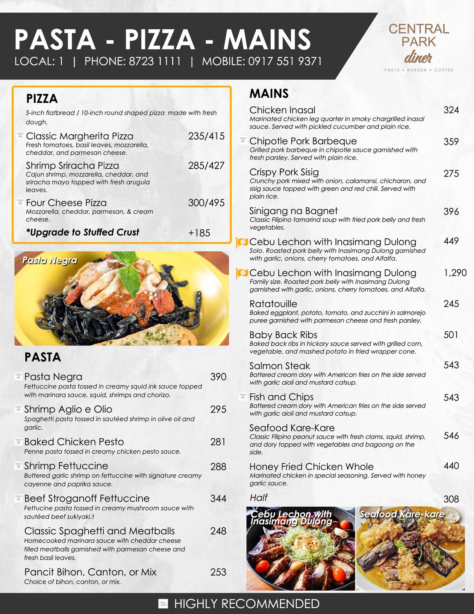Menu at Central Park Diner restaurant, Quezon City